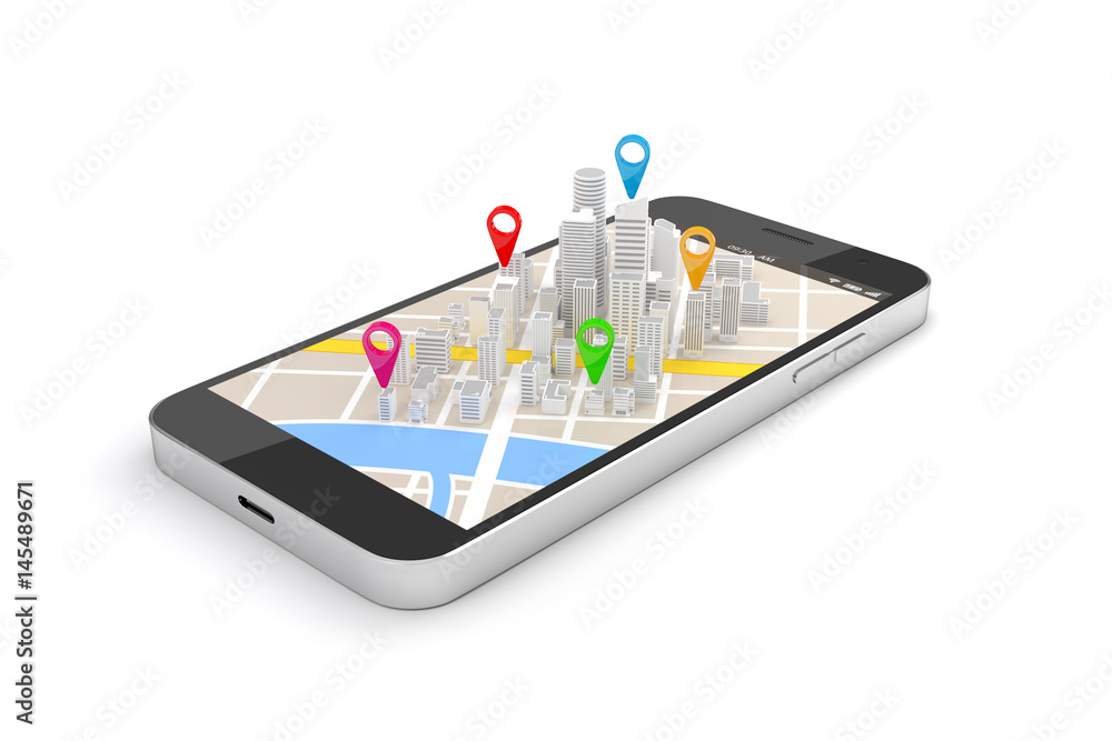 Mobile GPS navigation concept, Smartphone with city map application and marker pin pointer. 3D ...