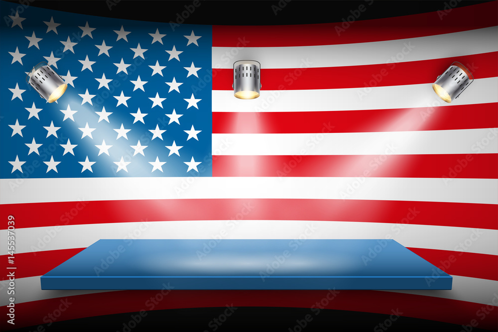 Flag of USA and platform with spotlights. Symbol of authentic and ...