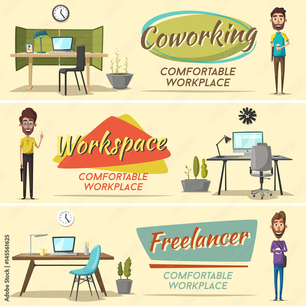 Modern workplaces. Creative characters. Office work. Cartoon vector ...