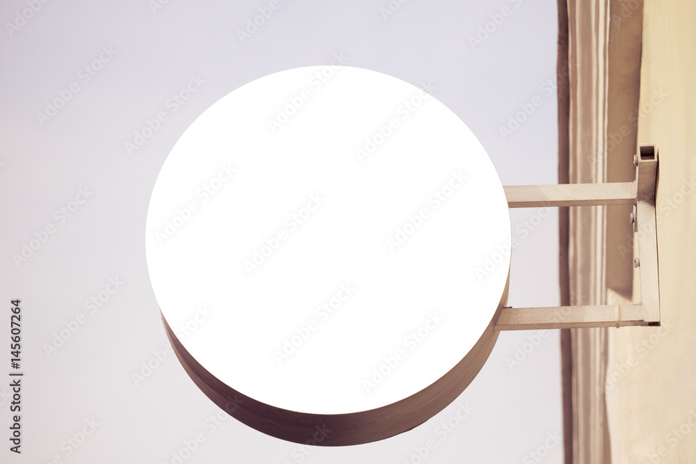 Mock up. Horizontal front view of empty round signage on the wall Stock ...