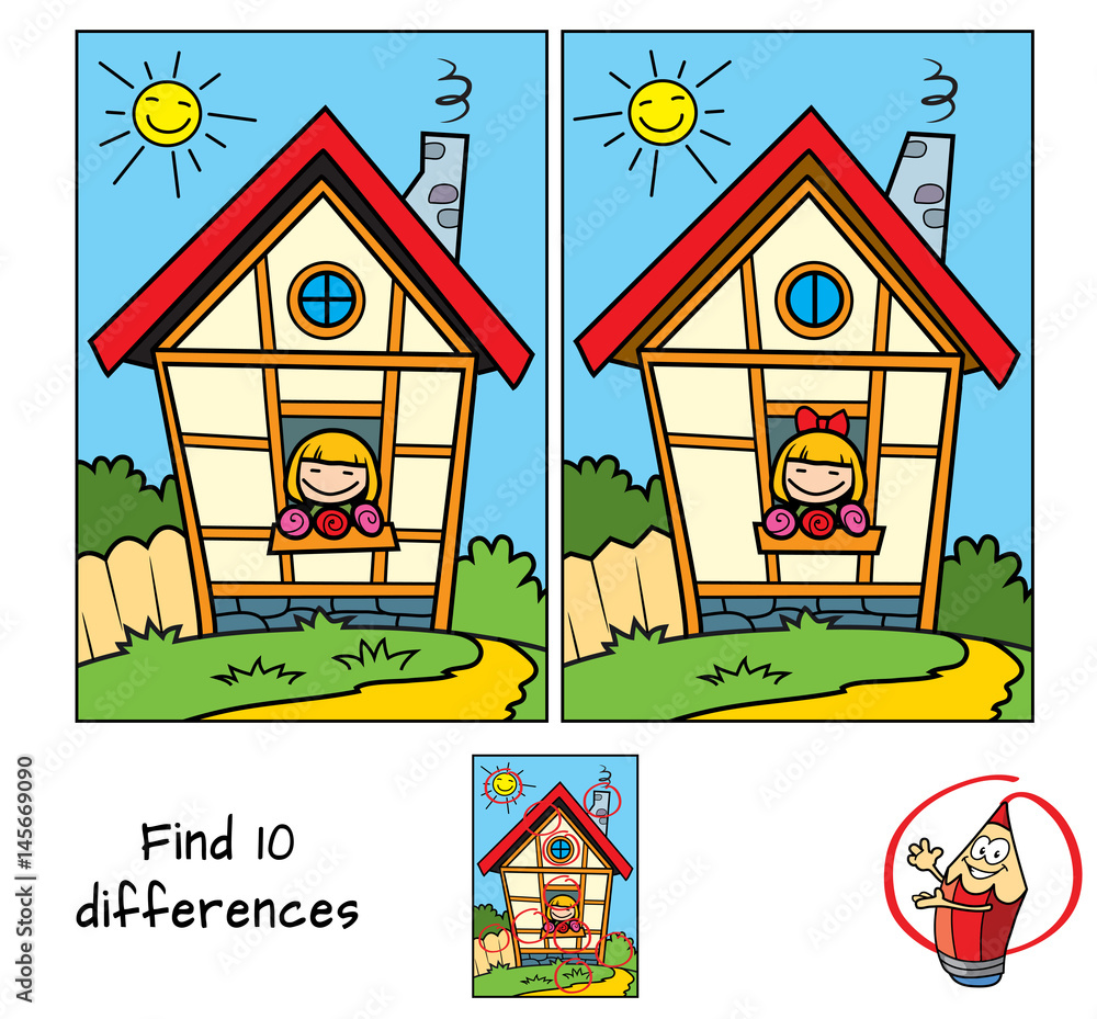 Vector de Stock Happy little girl in small house. Find 10 differences ...