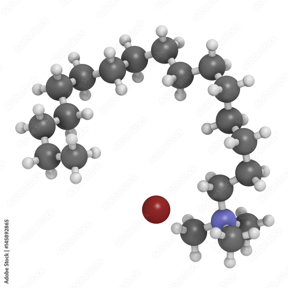 Cetrimonium bromide antiseptic surfactant molecule. 3D rendering. Atoms ...
