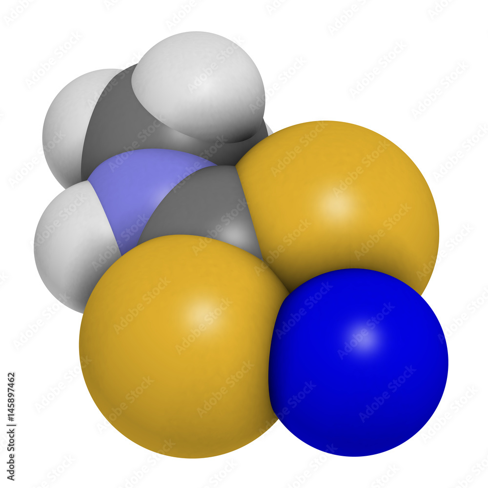 Metam sodium pesticide molecule. 3D rendering. Atoms are represented as ...