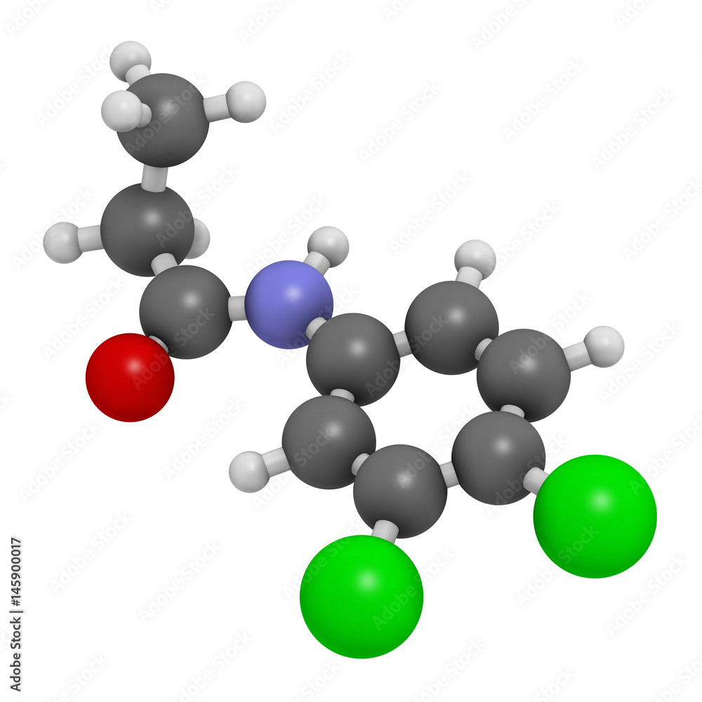 Propanil herbicide molecule. 3D rendering. Atoms are represented as ...