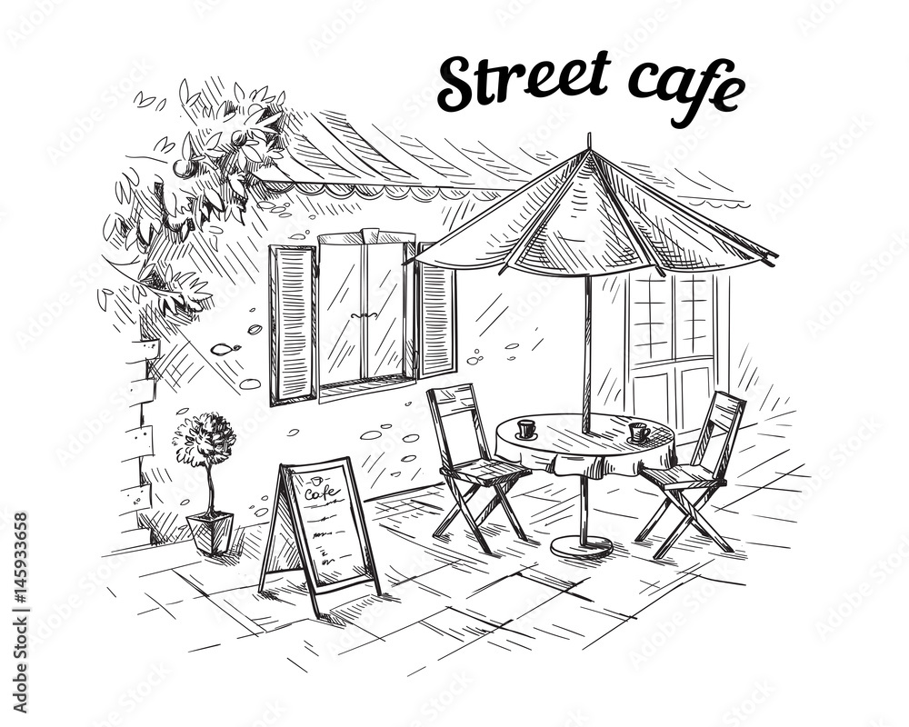 French Street Cafe, Hand drawn Vector Illustration Stock Vector | Adobe ...