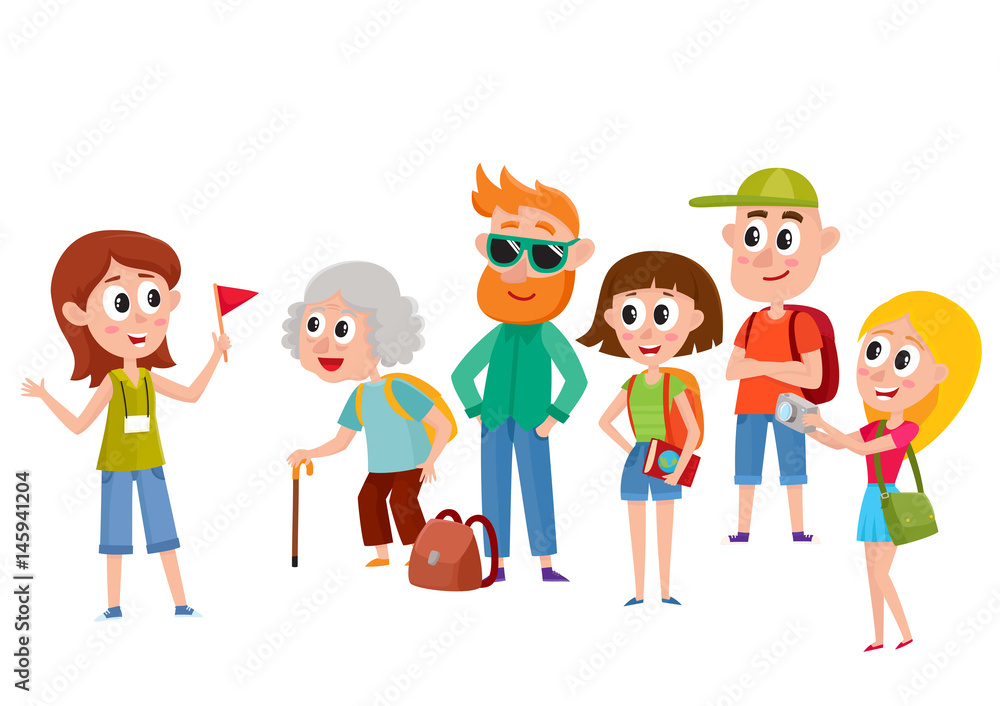 Tour guide with group of tourists, cartoon vector illustration isolated ...