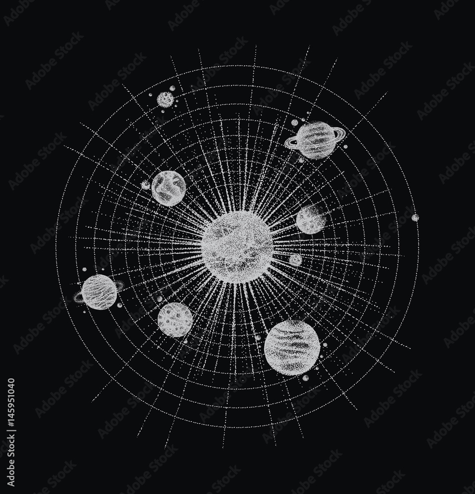 solar system in dotwork style. planets in orbit. vintage hand drawn ...