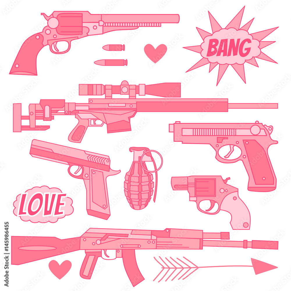 The weapon set in pink color: grenade, shotgun, pistol, rifle, machine ...