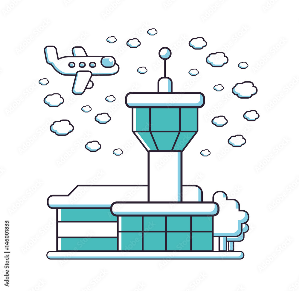 Airport tower building, airplane and clouds, vector line illustration ...