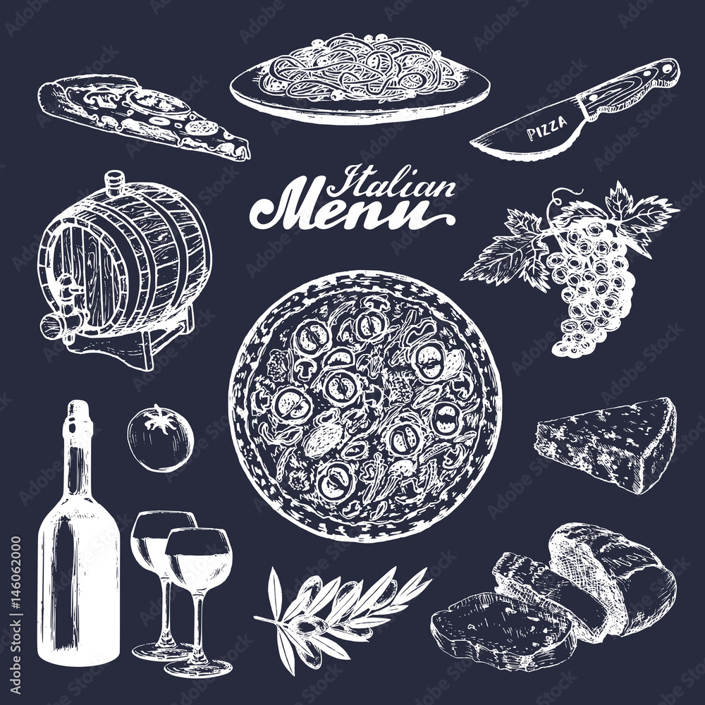 Italian cuisine menu.Sketched traditional southern europe food and ...