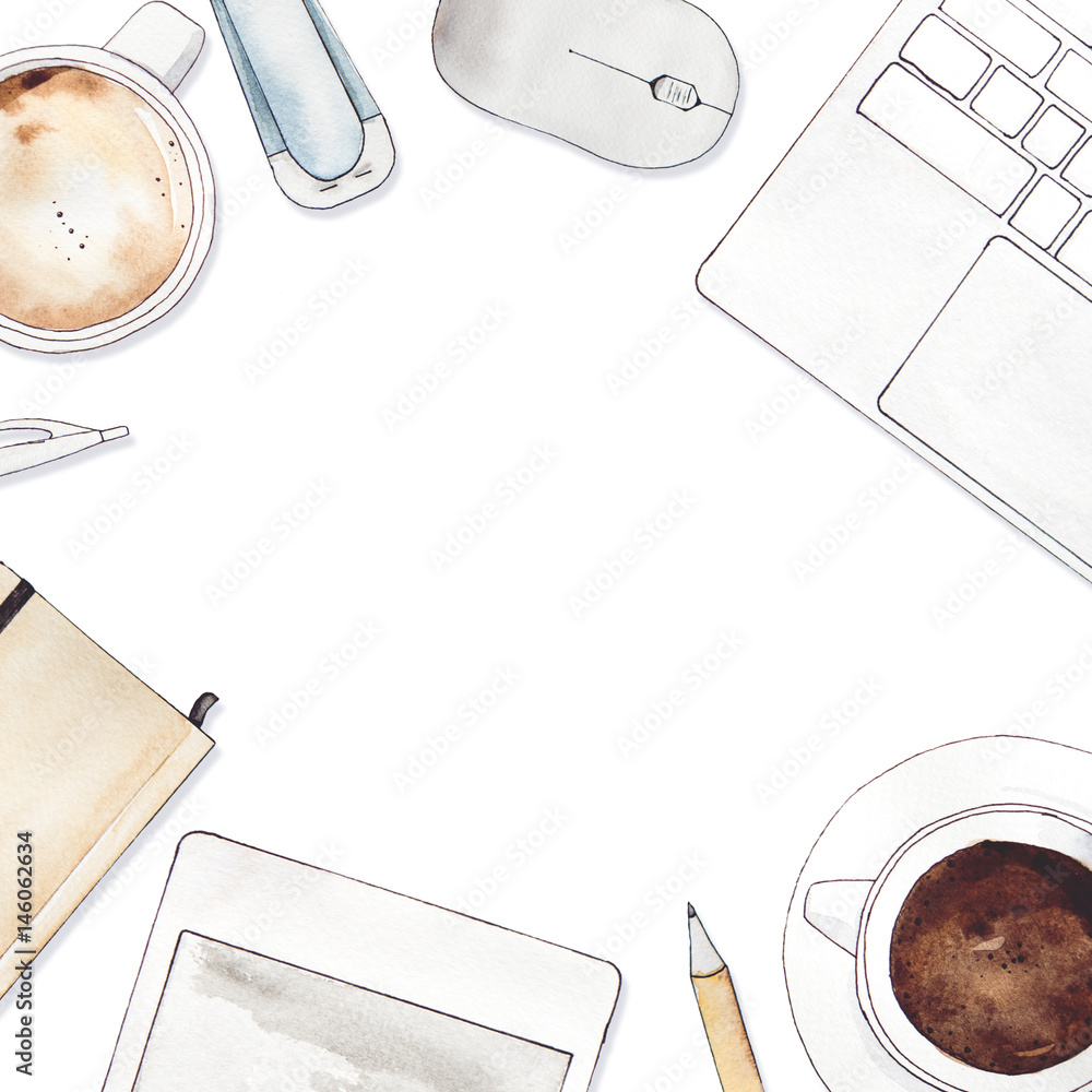 watercolor illustration of workplace on white background Stock ...