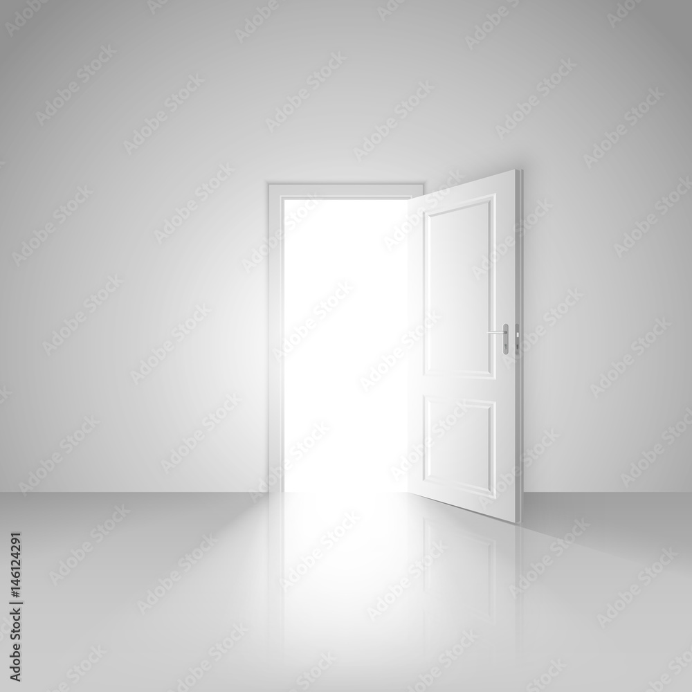 Clear white room with opened door to the beautiful new mystic world ...