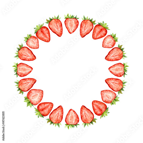 Watercolor strawberry slices circle frame isolated on white. Round ...