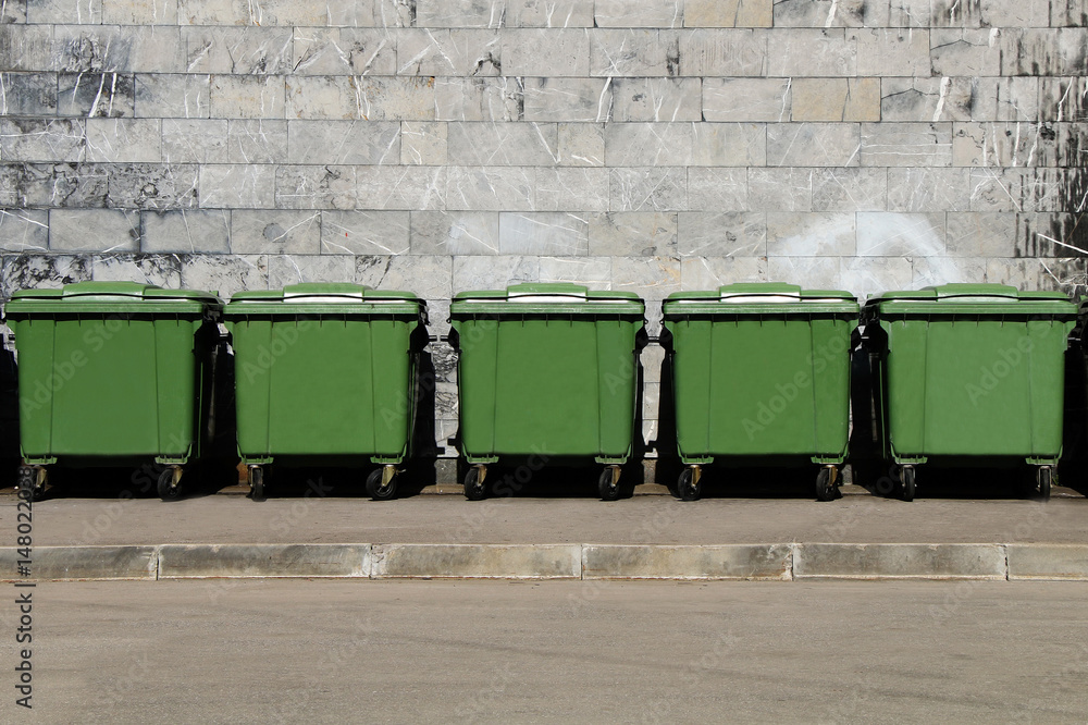 Green garbage containers standing in a row in the backyard of an ...