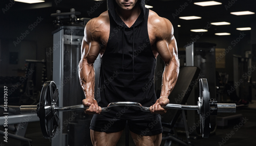 Brutal strong athletic men pumping up muscles workout bodybuilding ...