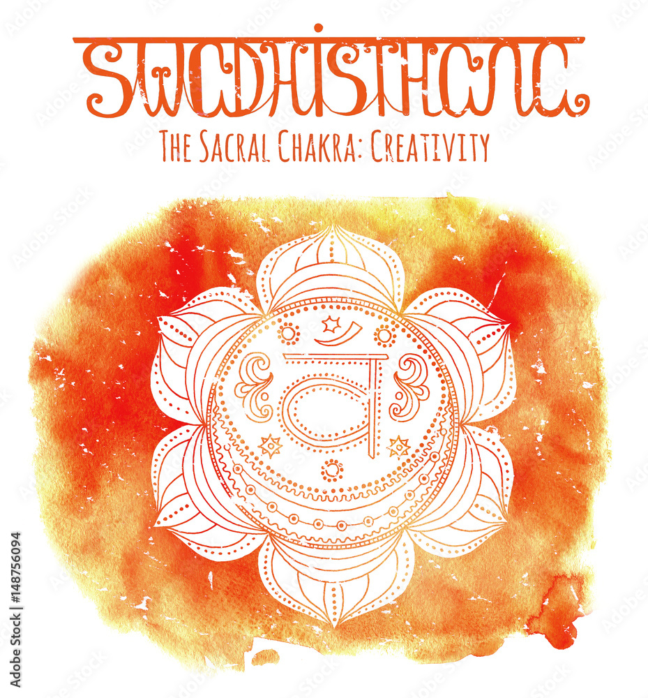 Hand drawn white sacral chakra on watercolor background with lettering ...