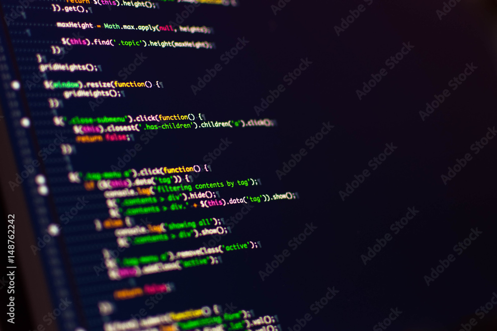 Software development. Software source code. Programming code. Writing ...