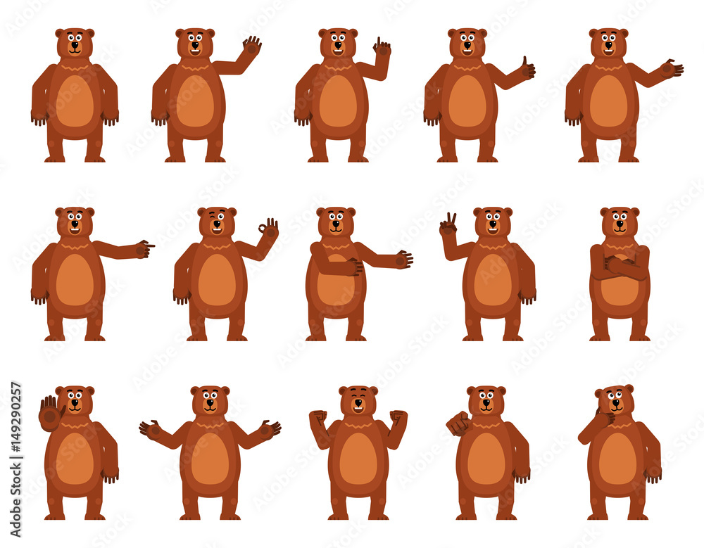 Vector de Stock Set of cartoon brown bear characters showing various ...