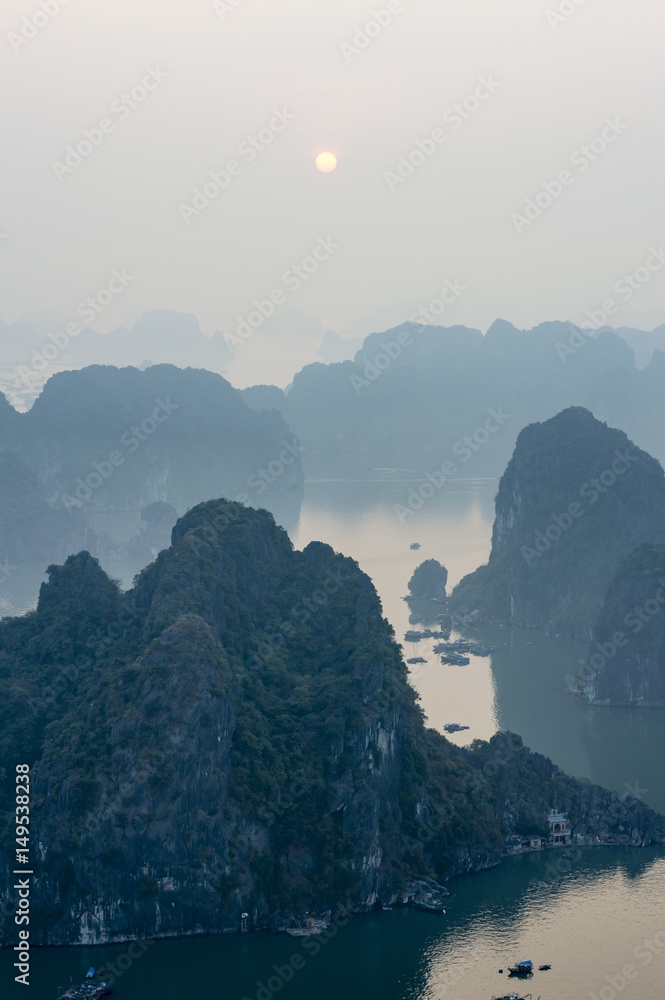 Karst landforms in the sea at the sunrise landscape view from Bai Tho ...