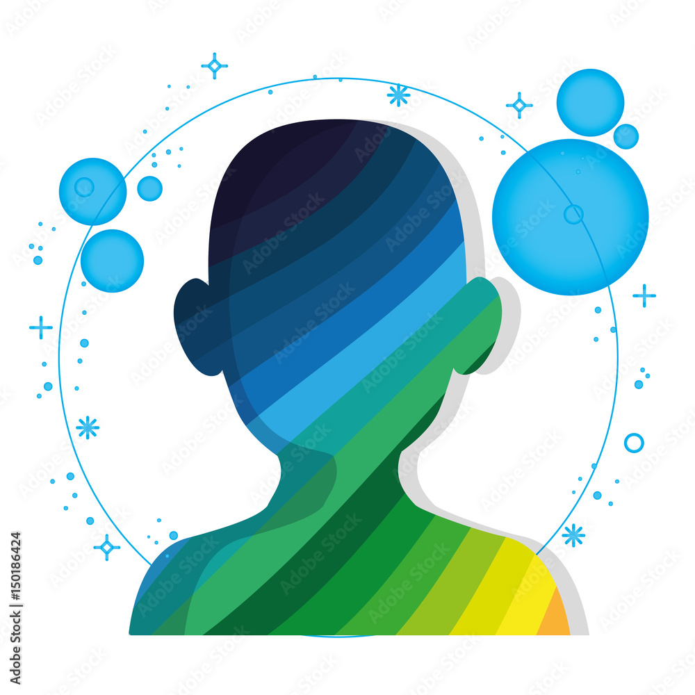 Upper human body silhouette with colorful diagonal stripes and blue ...