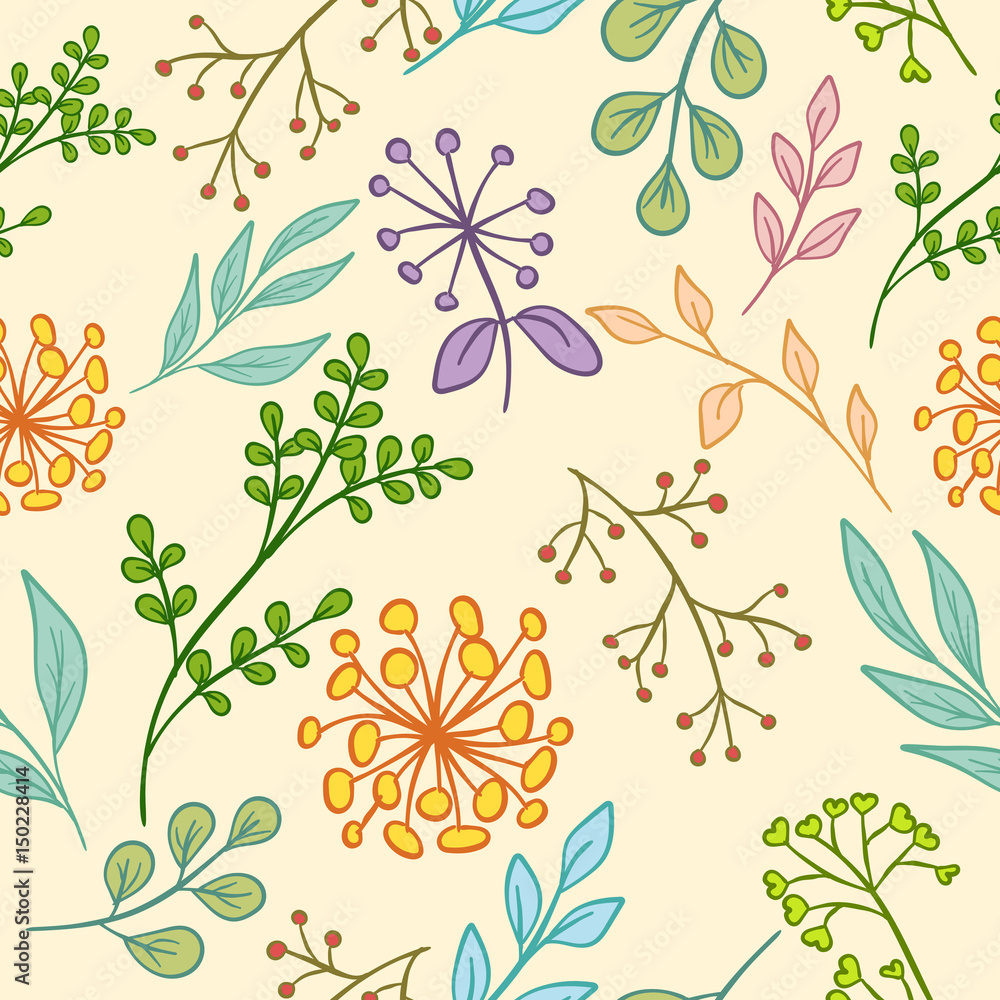 Seamless color floral pattern with leaves, branches, flowers Stock ...