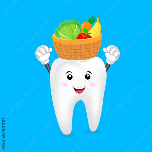 Cute cartoon tooth with basket of vegetables. Healthy teeth concept ...