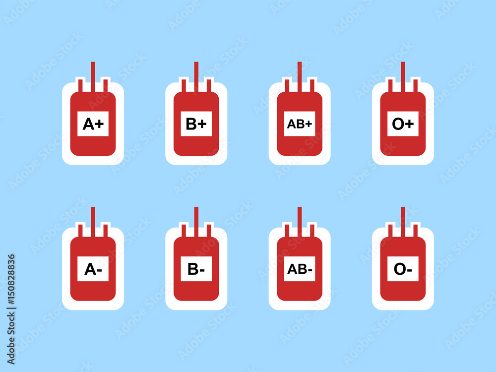 Blood Bags Sign Symbol Icon for Blood Type A+, A-, B+, B-, AB+, AB-, O+ ...