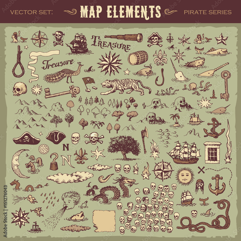 Vector illustrated set of various vintage map elements Stock Vector ...