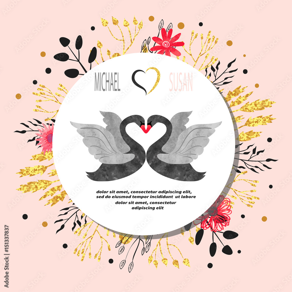 เวกเตอร์ Stock Wedding invitation card design with black swans. Vector ...