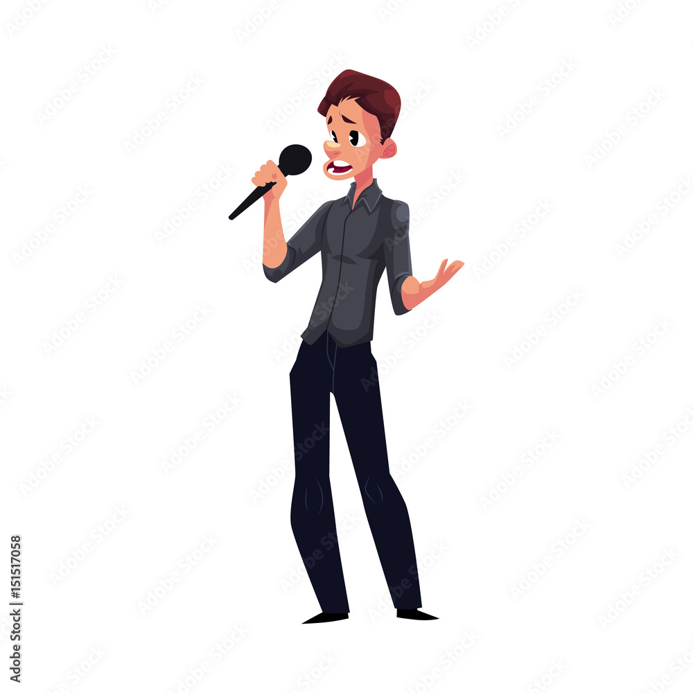 Young man singing karaoke, holding microphone, cartoon, comic style ...