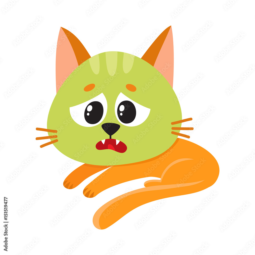 Image vectorielle Stock Little red cat, kitten feeling sick to stomach ...