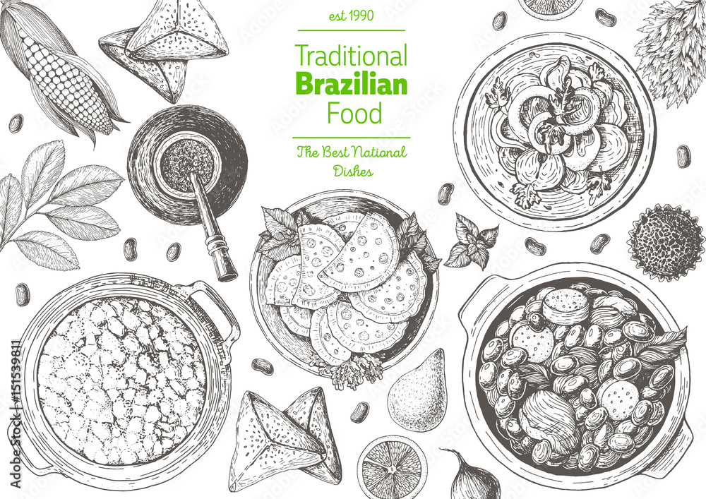 Brazilian cuisine top view frame. Brazilian food menu design with ...