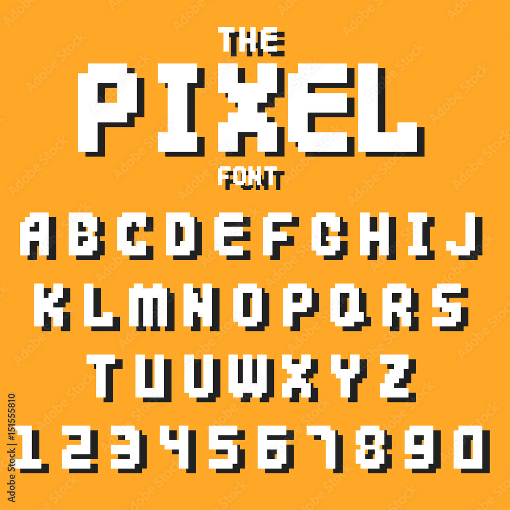Pixel retro font video computer game design 8 bit letters numbers electronic futuristic style ...