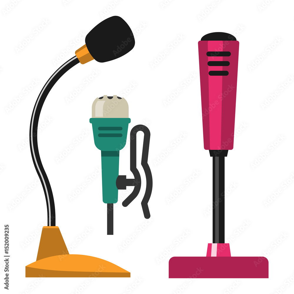 Different microphones types icons journalist vector interview music ...