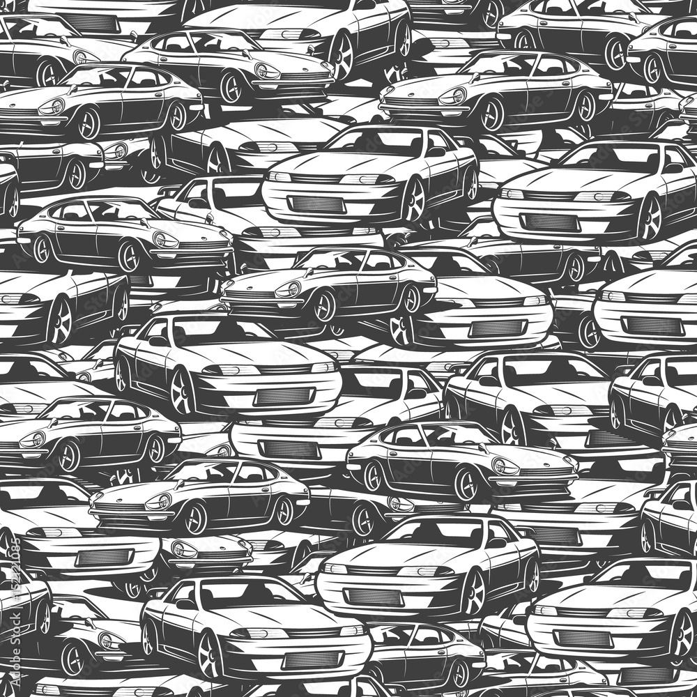 Vintage car seamless pattern, black and white retro cartoon background ...