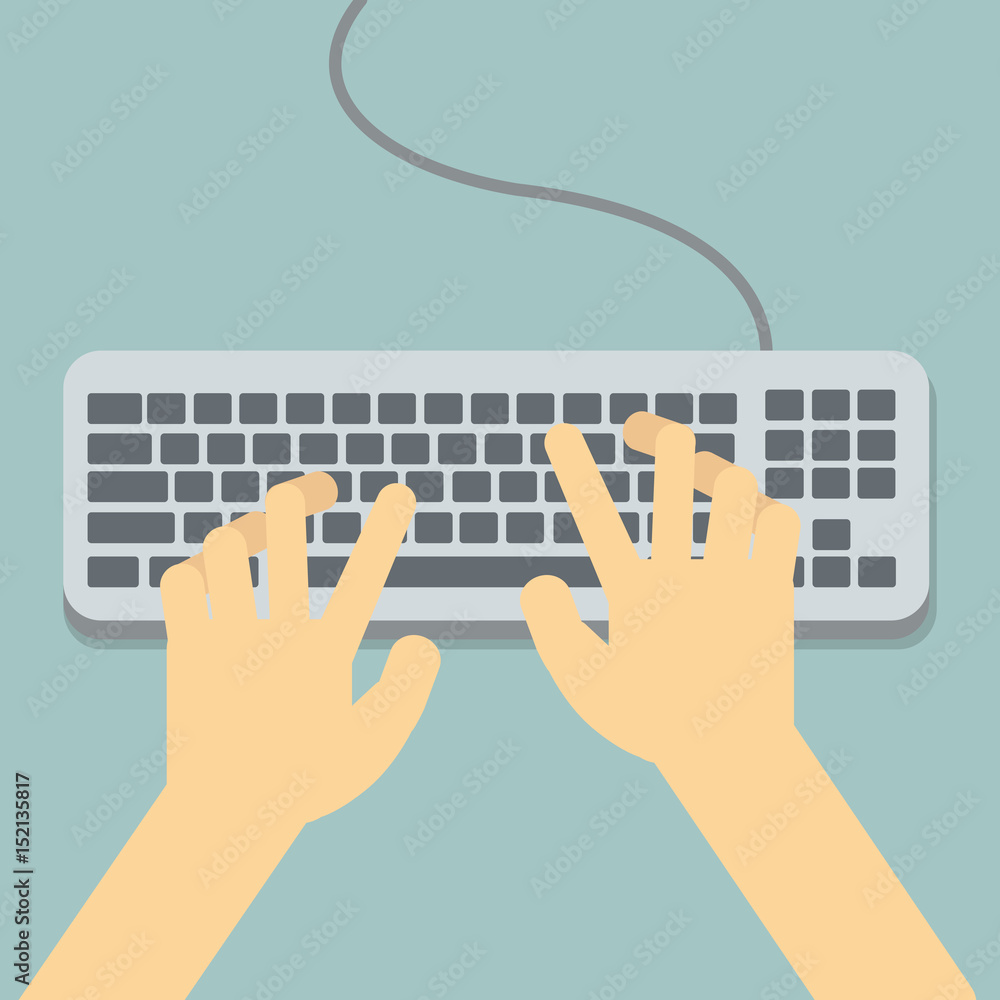 Flat Hands typing on keyboard with cable and pastel background vector ...