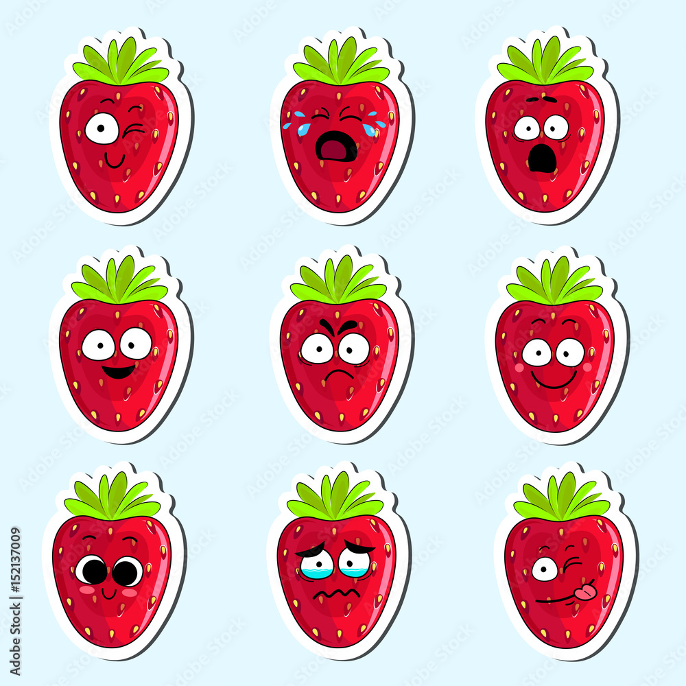 Cartoon strawberry cute character face isolated vector illustration ...