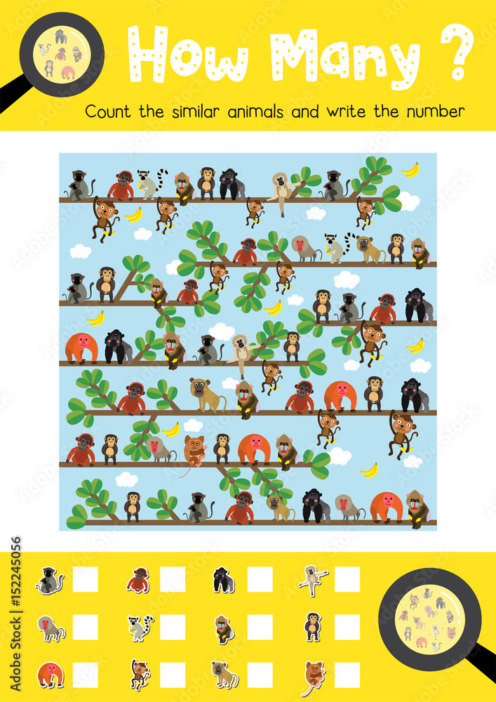 Counting game of cute monkeys and primates animals for preschool kids ...