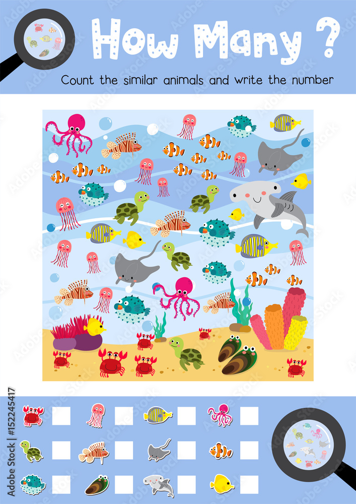 Counting game of ocean animals for preschool kids activity worksheet ...