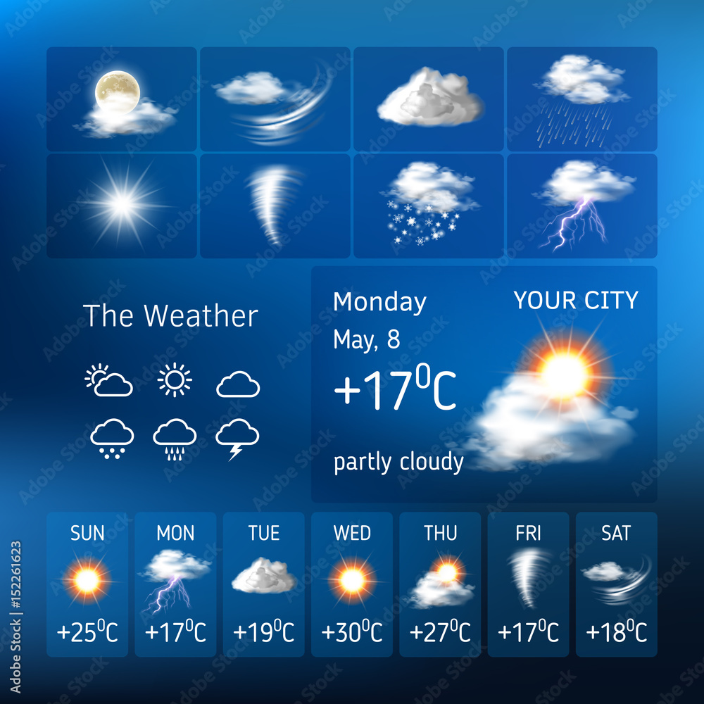 Vector illustration of realistic weather symbols, design for a mobile ...