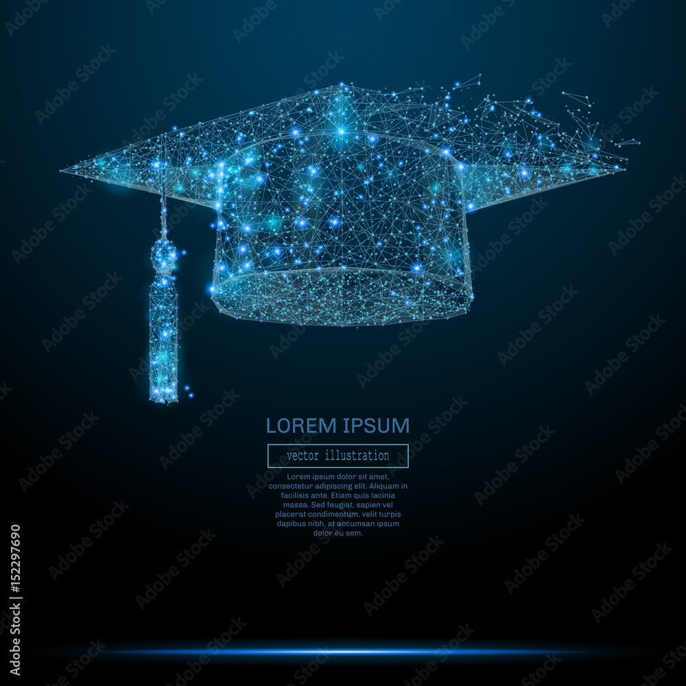 Polygonal Graduation cap. Business concept. Vector mesh spheres from ...