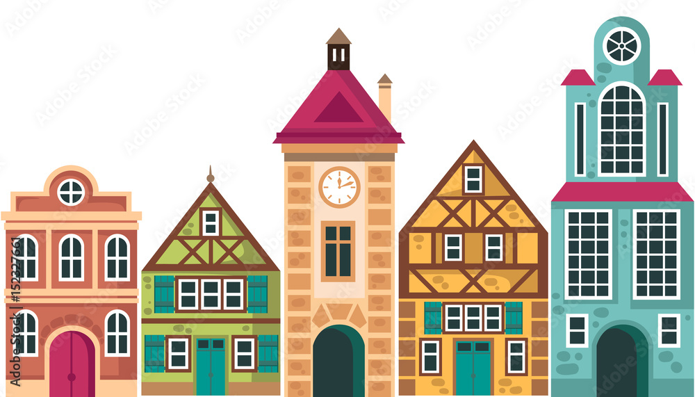 Row of different houses. Houses, cottage buildings, vector cartoon ...
