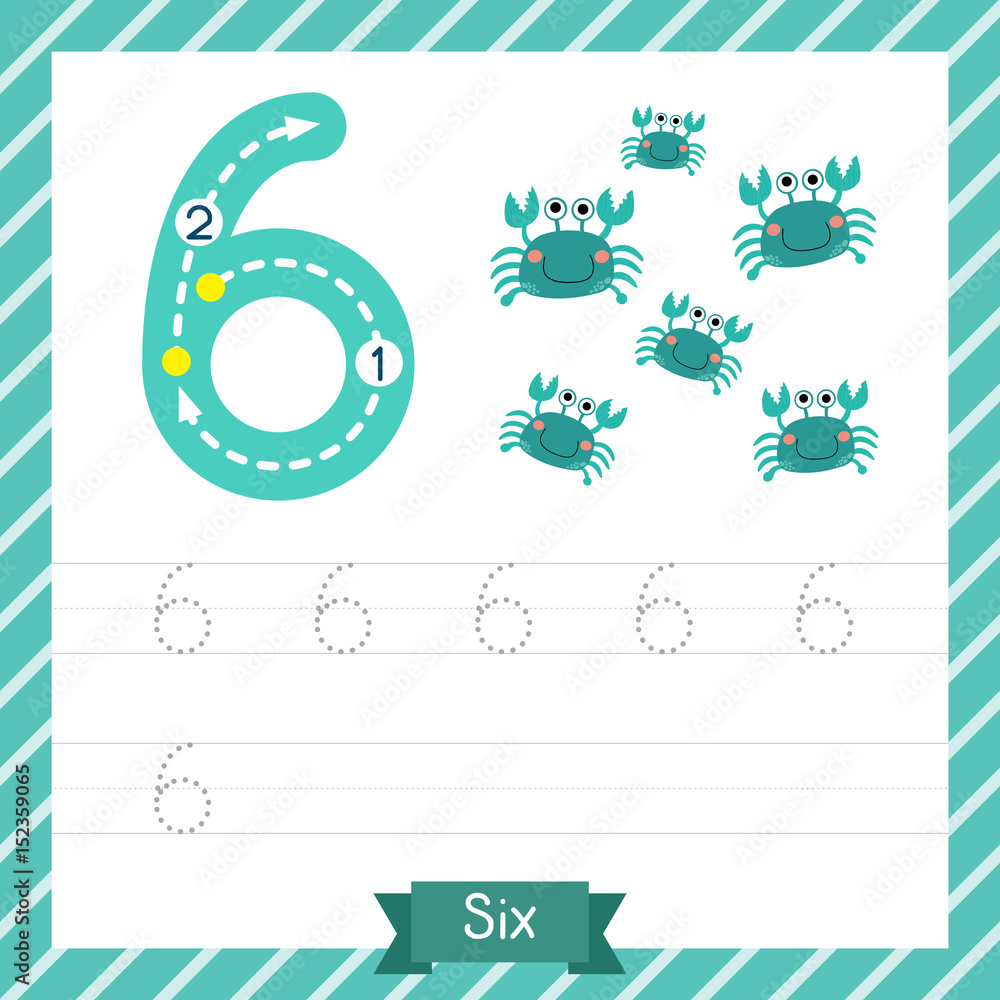 Number six tracing practice worksheet with 6 crabs for kids learning to ...