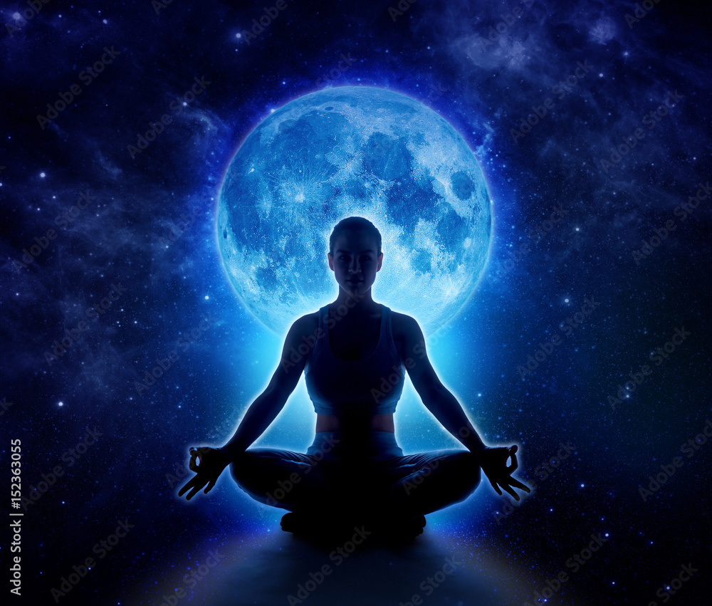 Yoga woman in full blue moon and star. Meditation girl sitting in lotus ...