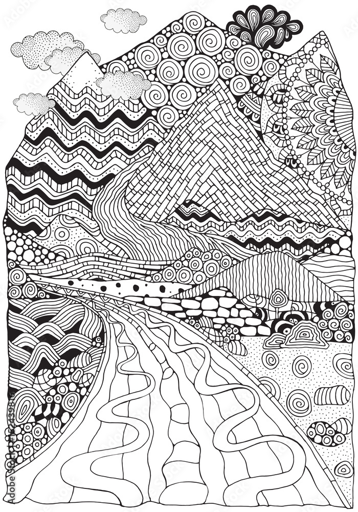 Long road and mountains. Zentangle landscape. Anti stress Coloring Book ...