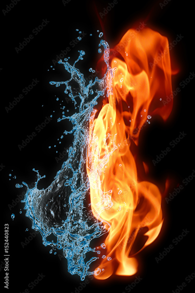 Fire and water on a black background. Stock Photo | Adobe Stock