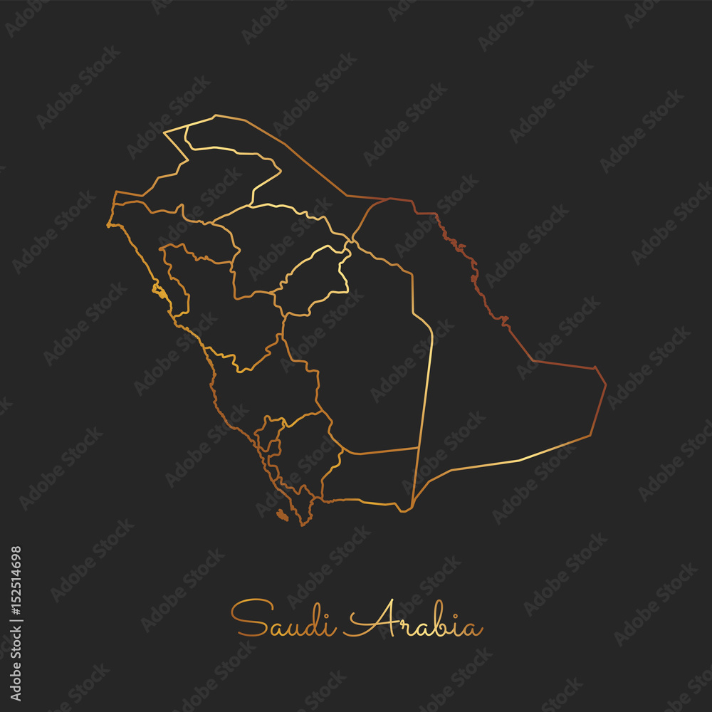Saudi Arabia region map: golden gradient outline on dark background ...