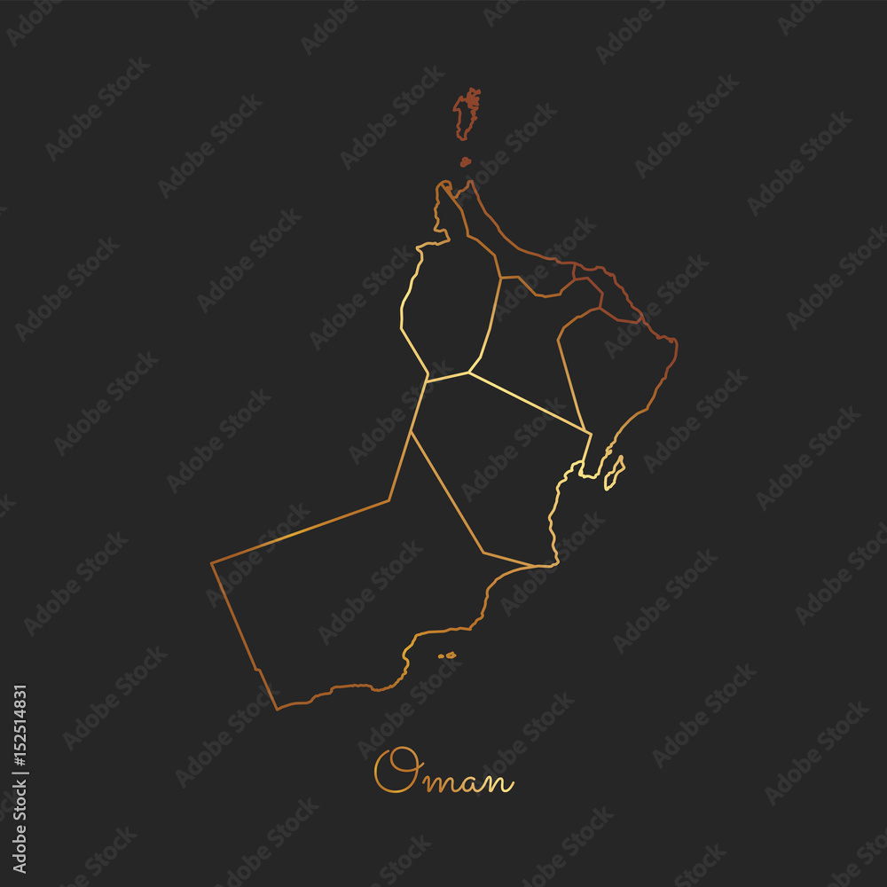 Oman region map: golden gradient outline on dark background. Detailed ...