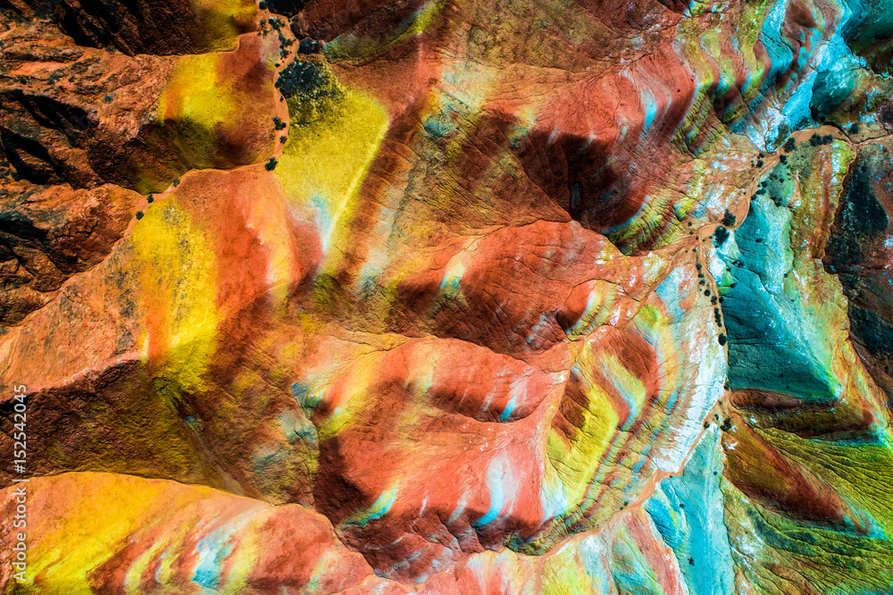 Colorful Rainbow Mountains in Zhangye National Geopark; aerial view on ...
