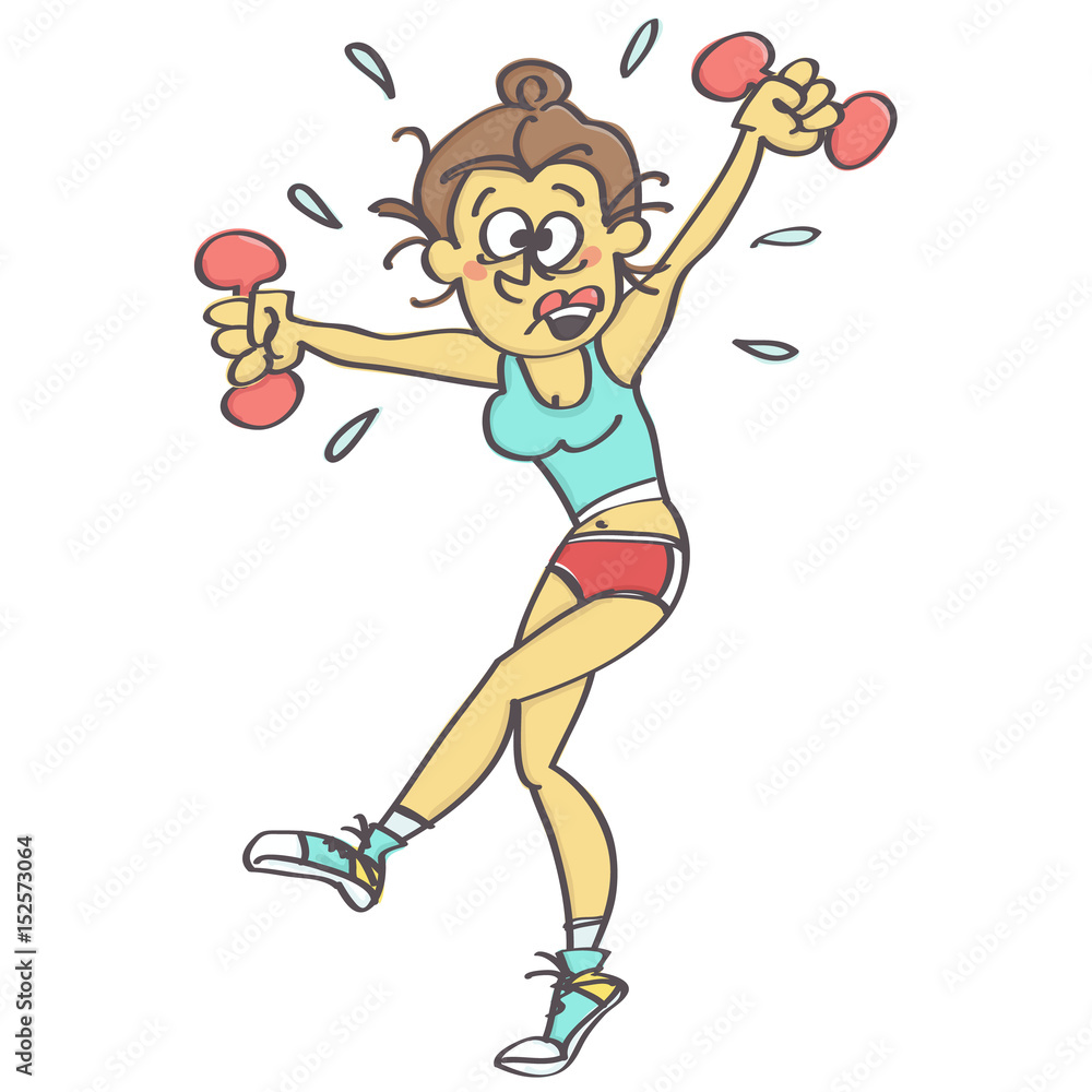 Funny cartoon with woman exercising aerobics stressed and all sweaty ...